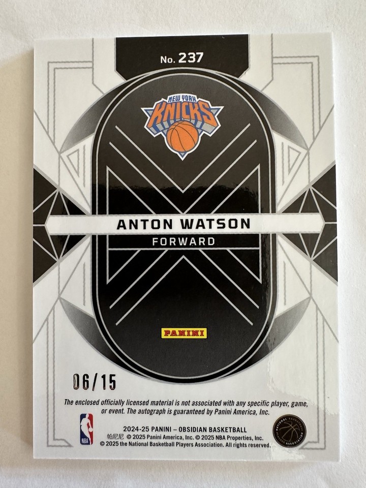 2024-25 Panini Obsidian Anton Watson ROOKIE PATCH AUTO Hot Springs /15 ...