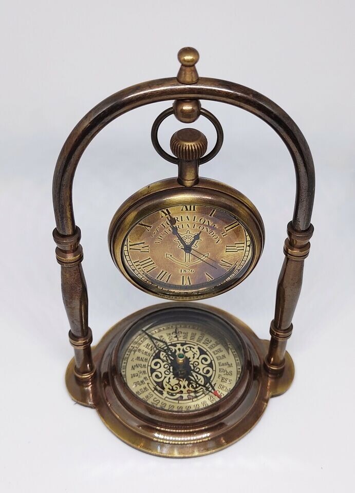 Nautical Antique Brass Victorian Table Clock with Compass on Base Home ...