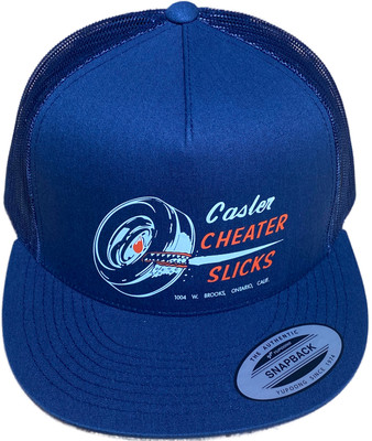 CASLER CHEATER SLICKS Flat Brim Trucker Hat Navy Drag Racing Hot Rod ...
