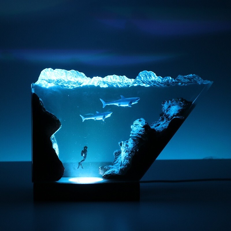 Epoxy Resin Decorative Shark/Scuba Diving Ocean Lamp Night Light Decor ...