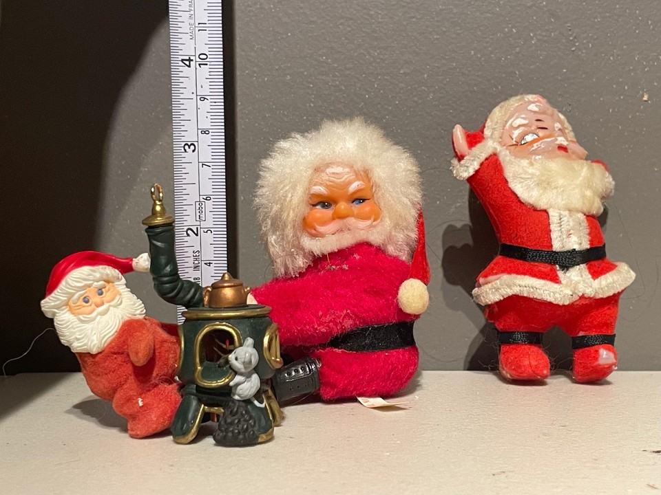 3 Santa Claus Christmas ornaments flocked Vintage one is tree hugger | eBay