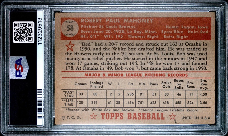 1952 Topps Baseball #58 Bob Mahoney St Louis Browns PSA 3 VG F32 | eBay
