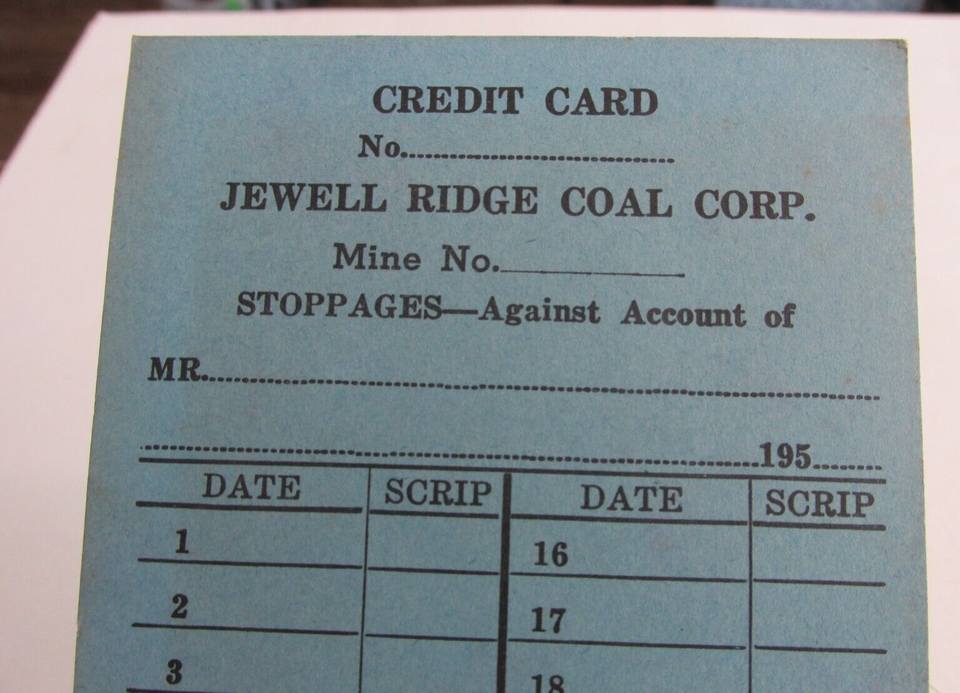 JEWELL RIDGE COAL CORP. Jewell Ridge Va. Credit Coal Mine Scrip Card ...