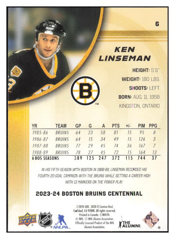 Ken Linseman 2023-24 Upper Deck Boston Bruins Centennial #6 NHL Box Set ...