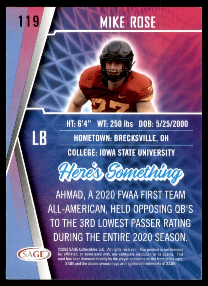 2022 Sage High Series Football Base #119 Mike Rose - Iowa State | eBay