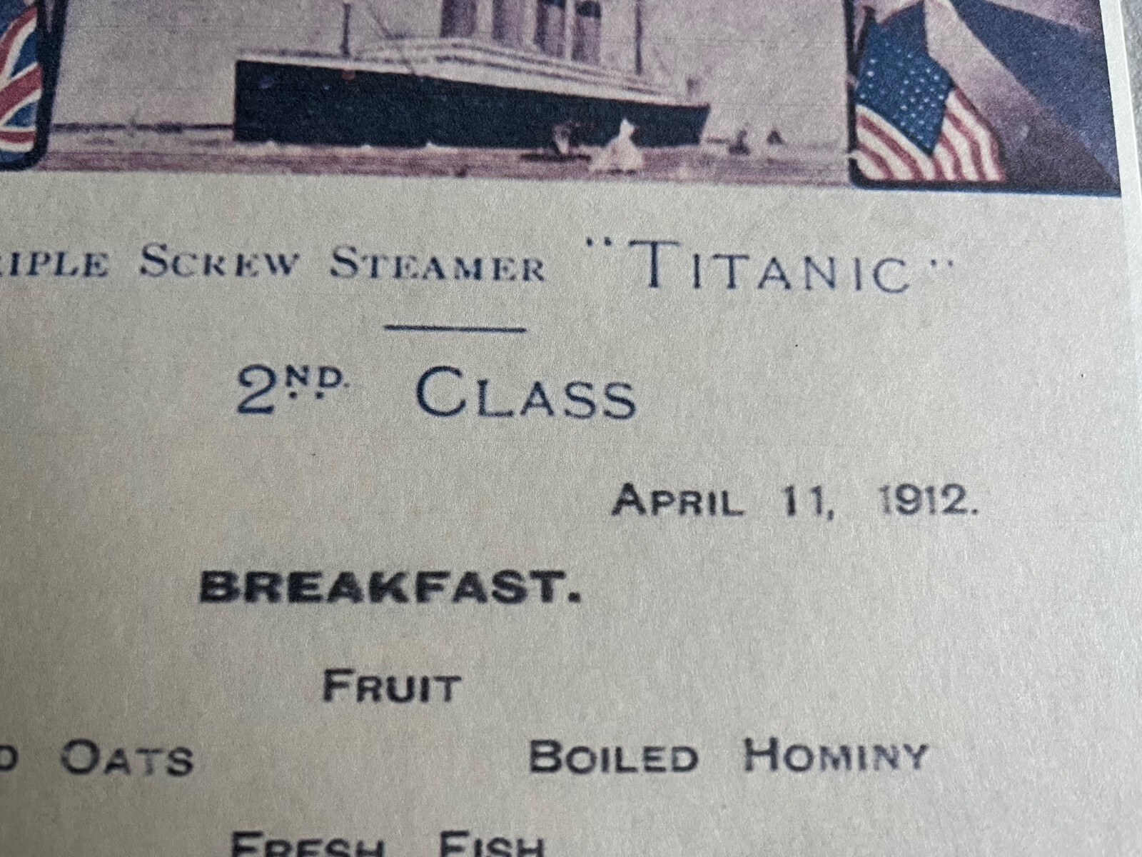 RMS TITANIC SECOND CLASS BREAKFAST MENU REPLICA APRIL 11, 1912 | eBay