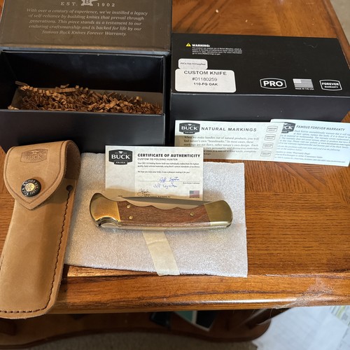 Buck 110 Custom Shop Oak Finger Groove NIB Natural Markings One Of A ...