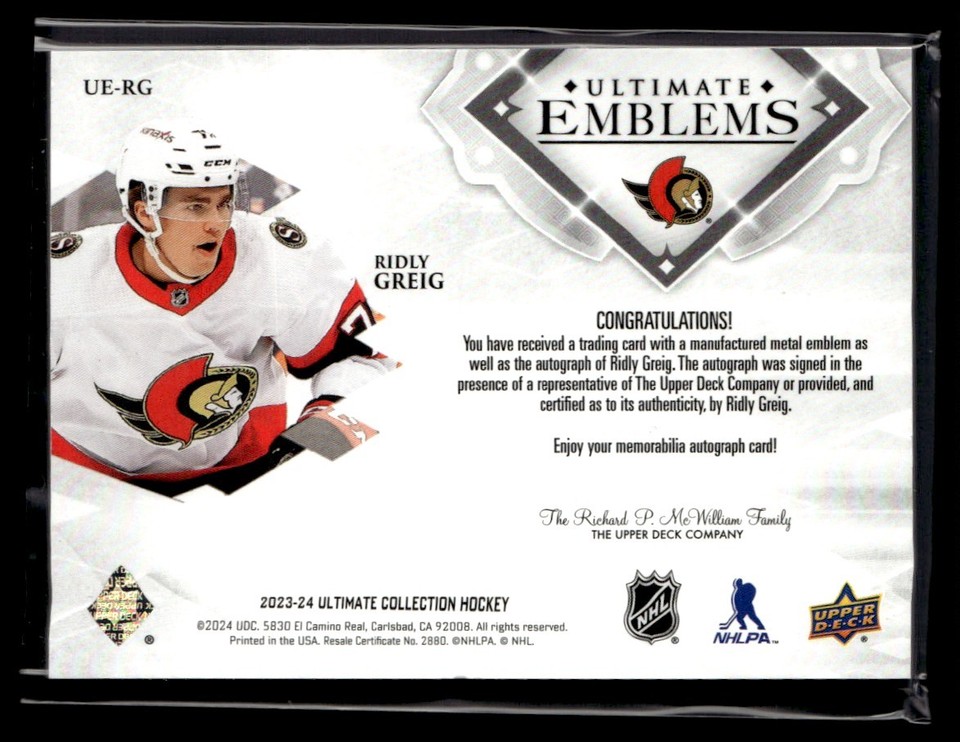 2023-24 Upper Deck Ultimate Collection Hockey Emblems Rookie Auto Ridly ...