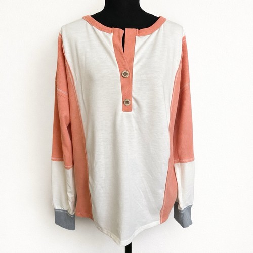 BIBI Colorblock Henley Top Women’s Medium Coral White Long Sleeve | eBay