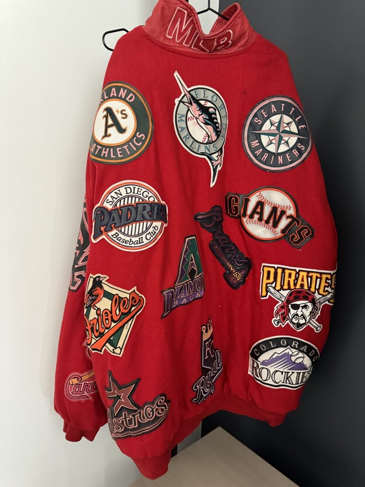 Jeff Hamilton MLB Logos Jacket Leather Trim RARE Vtg JH Design red size ...