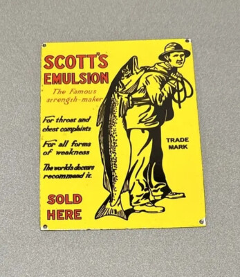 VINTAGE 14” SCOTTS EMULSION FISHING PORCELAIN SIGN CAR GAS TRUCK OIL ...