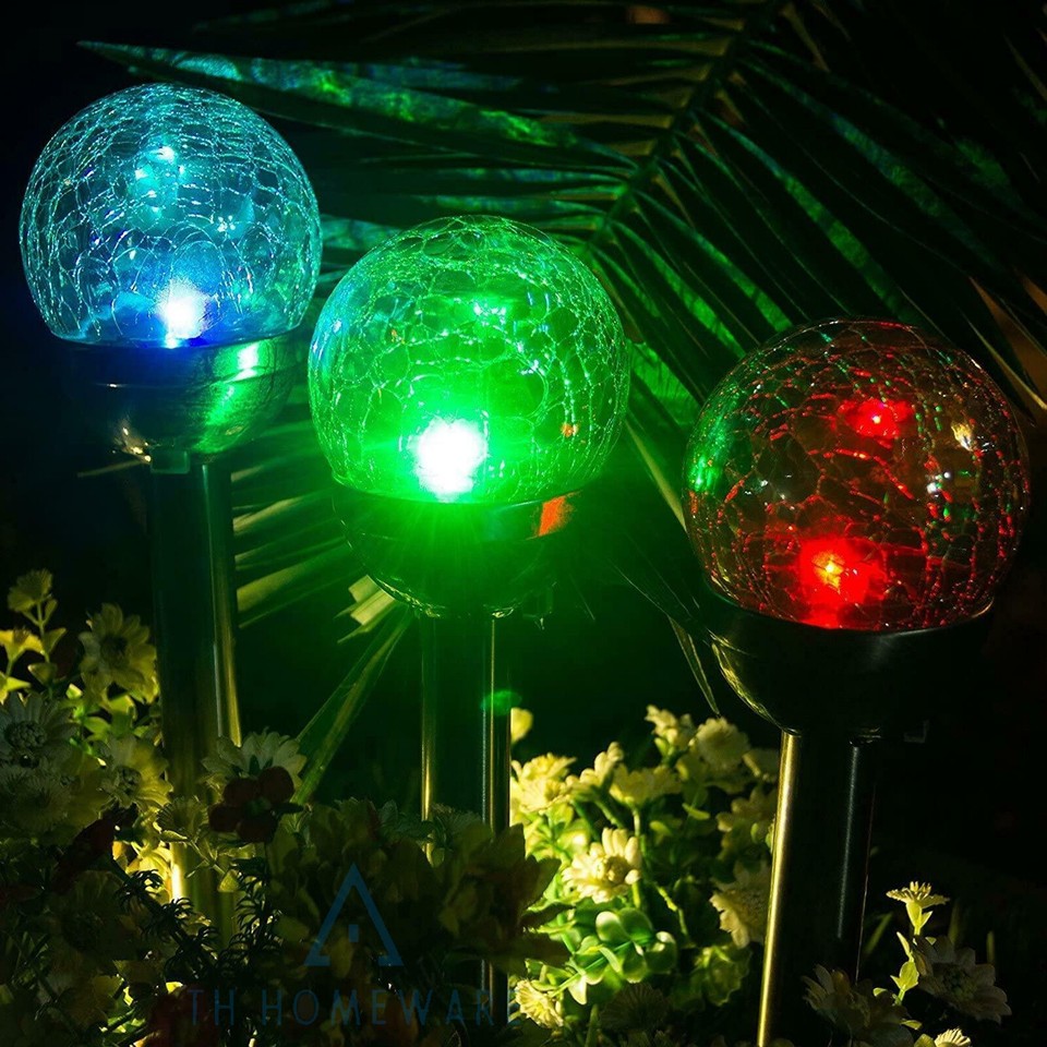 Solar Powered Light Crackle Ball Led Lights Colour Change Steel Garden ...