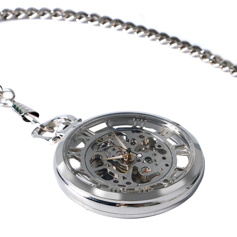 Mens Skeleton Pocket Watch Mechanical Silver Open Face Hand Wind FOB ...