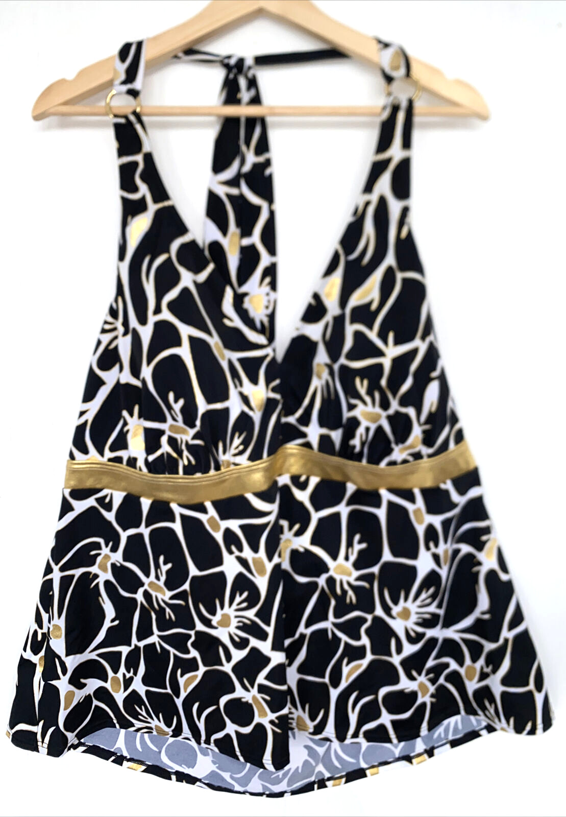 AVENUE SWIM Black Metallic Gold Halter Tankini Top Bu… - Gem