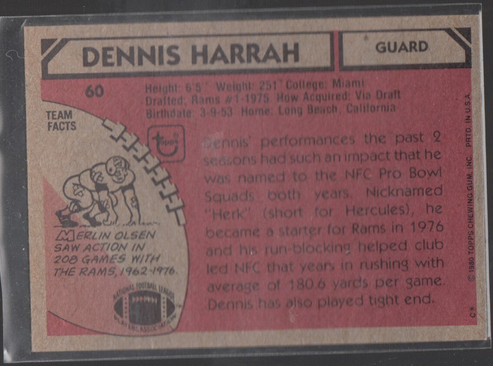 DENNIS HARRAH 1980 Topps #60 Los Angeles Rams RC WV TTM/IP Signed ...