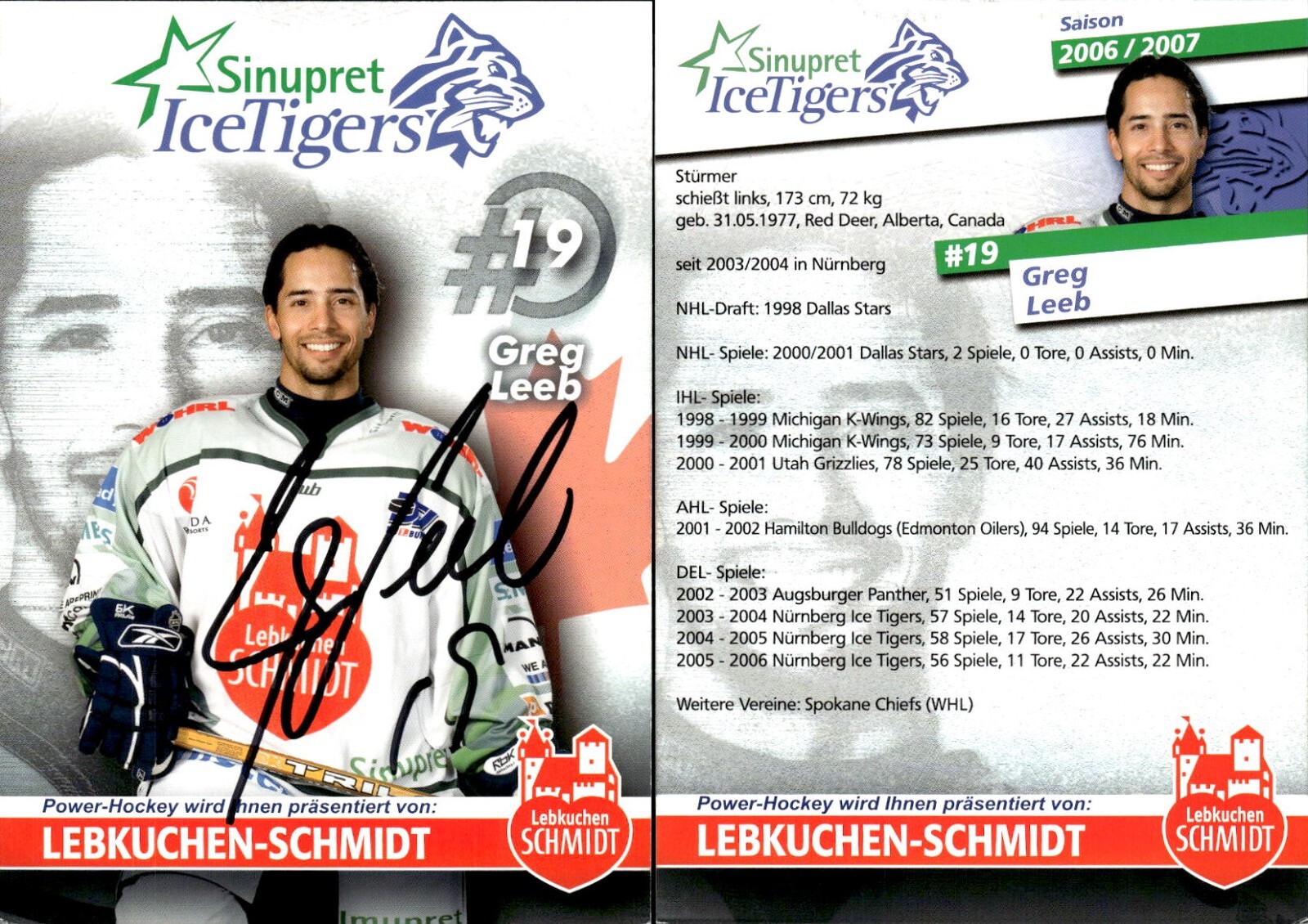 Greg Leeb Cartolina Ak Autografata Hockey Ghiaccio Norimberga Tigers ...