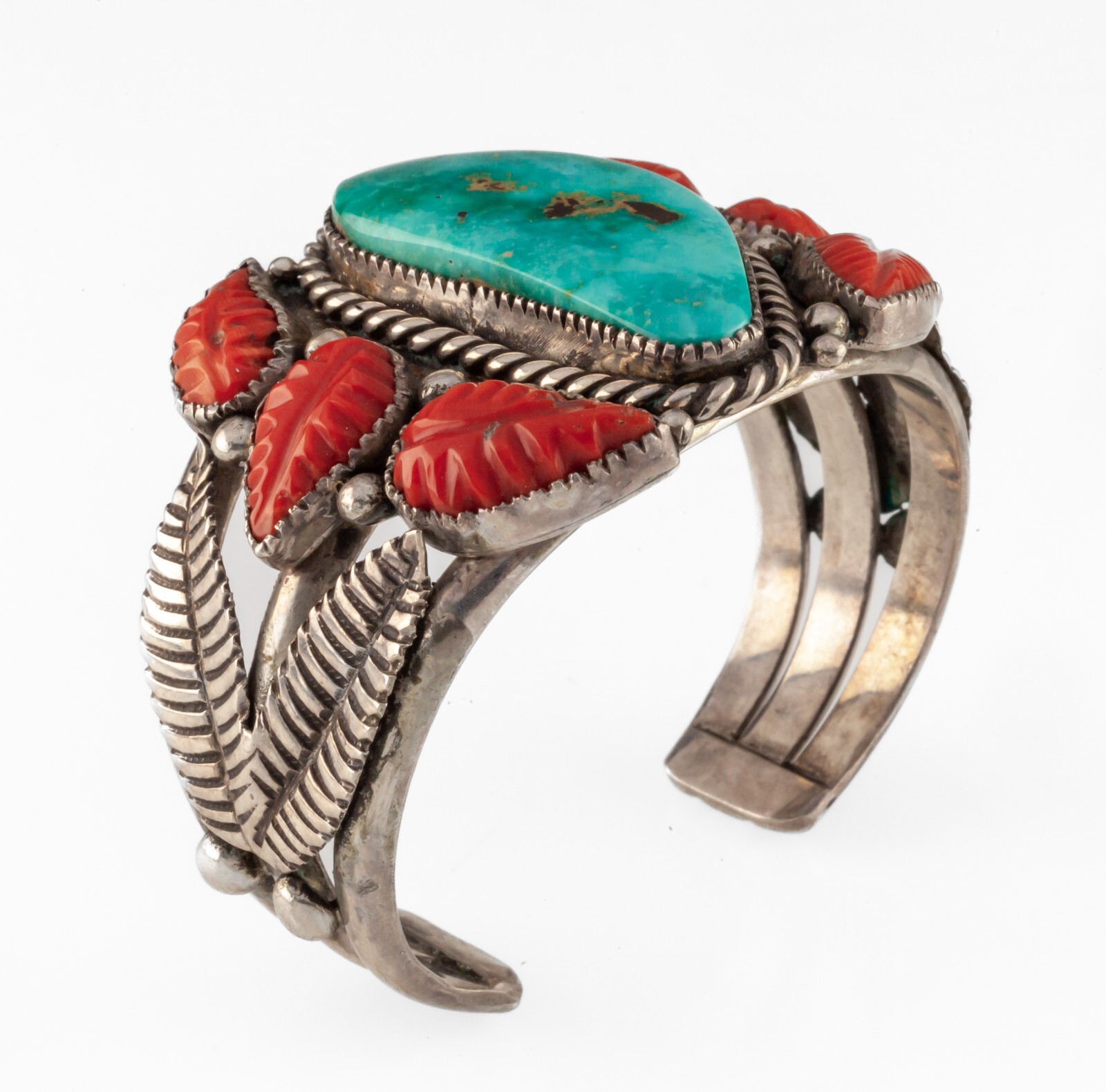 Navajo Turquoise & Sculpté Rouge Corail Large Manchette Bracelet 95gr ...