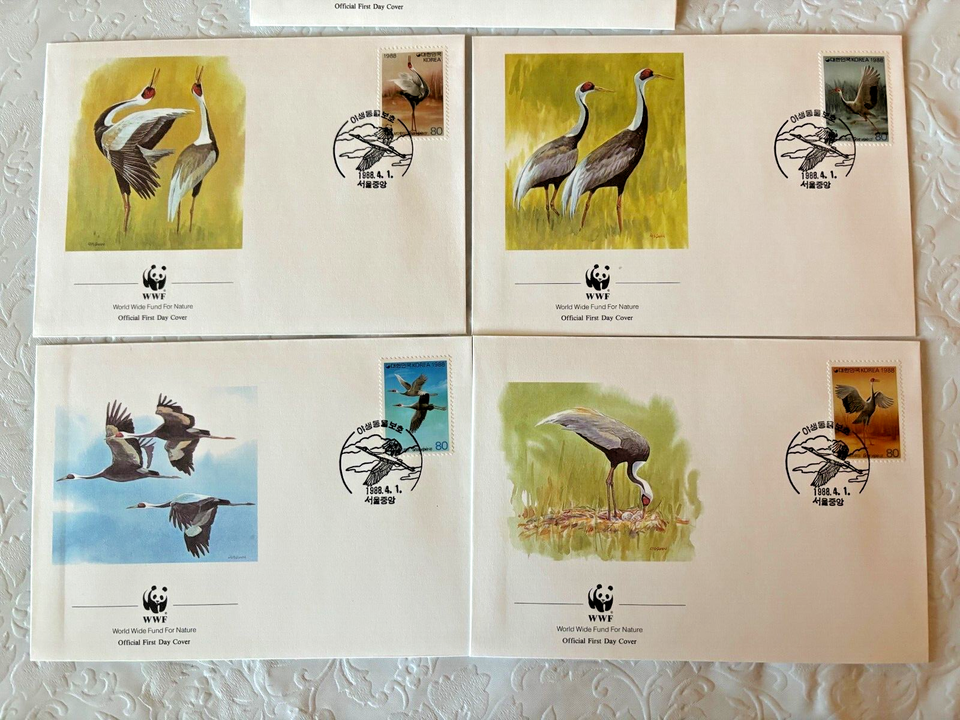 10 SETS of KOREA 1988 4 FIRST DAY COVERS WORLD WI FUND WWF BIRDS CRANES ...