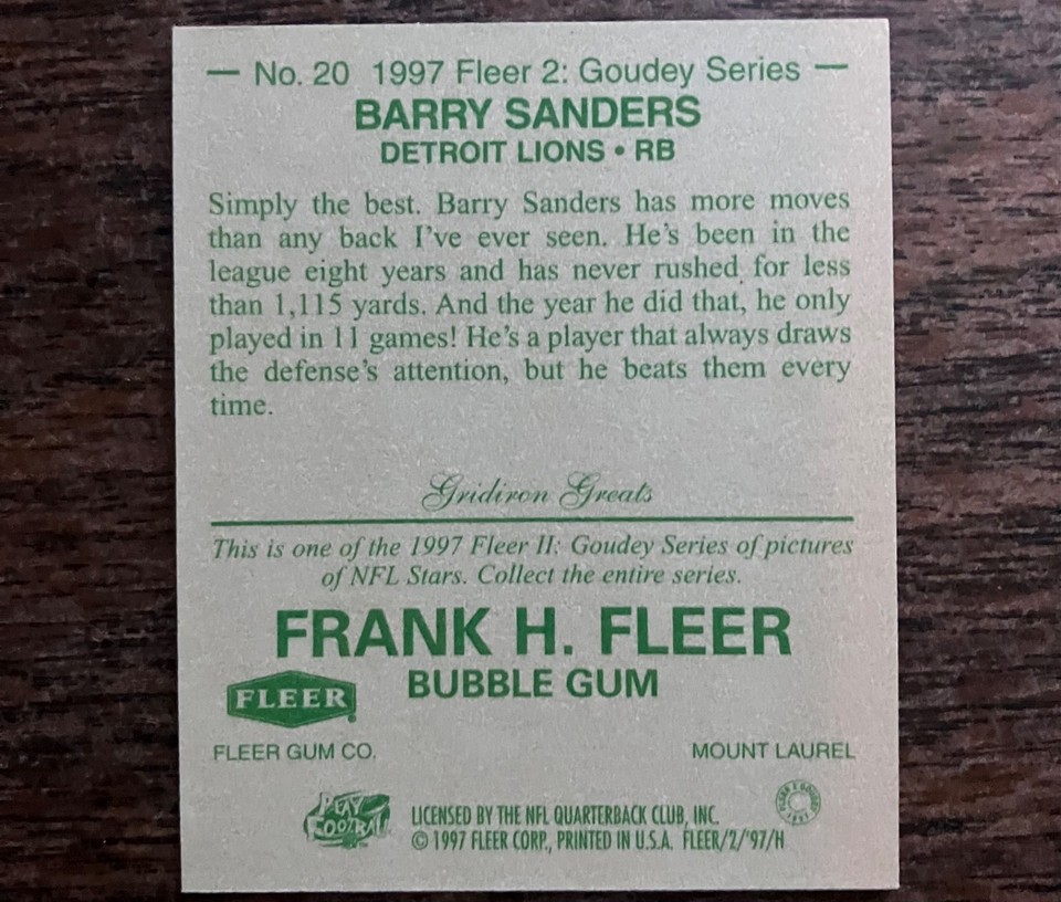 BARRY SANDERS 1997 FLEER GOUDEY II GRIDIRON GREATS PARALLEL #20 DETROIT ...