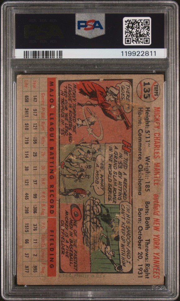 1956 TOPPS GRAY BACK #135 MICKEY MANTLE PSA 1 | eBay