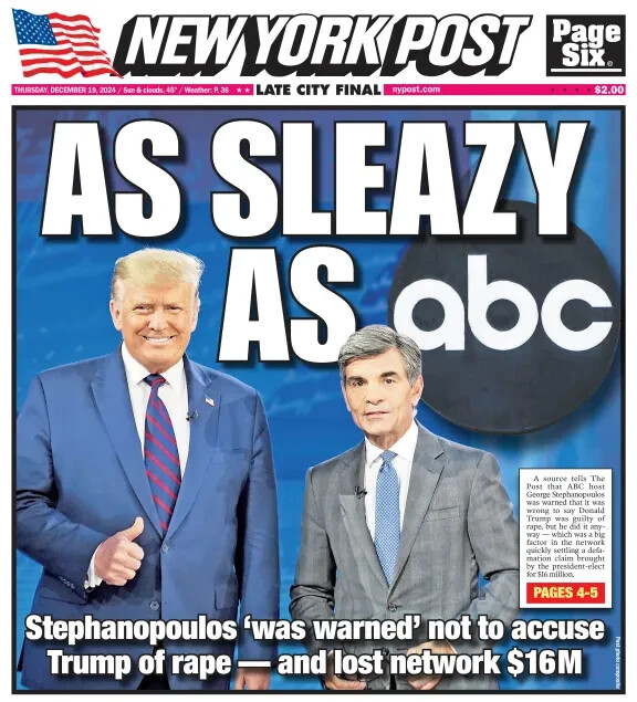 AS SLEAZY AS ABC DONALD TRUMP WINS NY POST NEWS 12/19 2024 | eBay