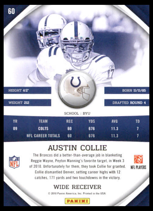 2010 Panini Gridiron Gear #60 Austin Collie Indianapolis Colts Football ...