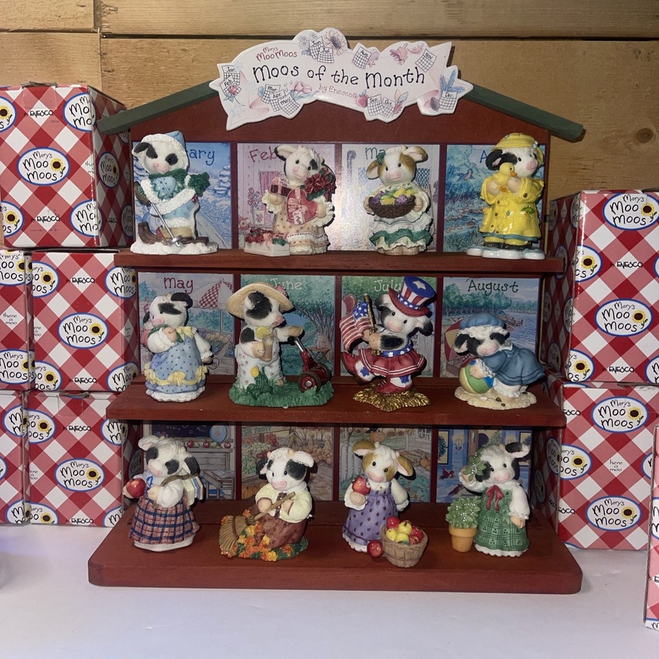 Mary’s Moo Moos Wooden Shadow Box Display W/ Complete 12 Month Figures ...