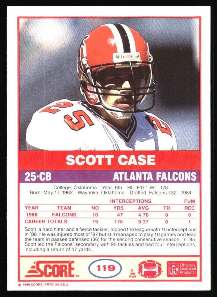 1989 Score Scott Case Rookie #119 Atlanta Falcons | eBay