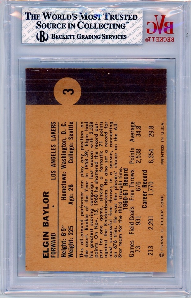 ELGIN BAYLOR 1961 Fleer #3 Rookie RC Vintage Rare NBA Card LA Lakers ...