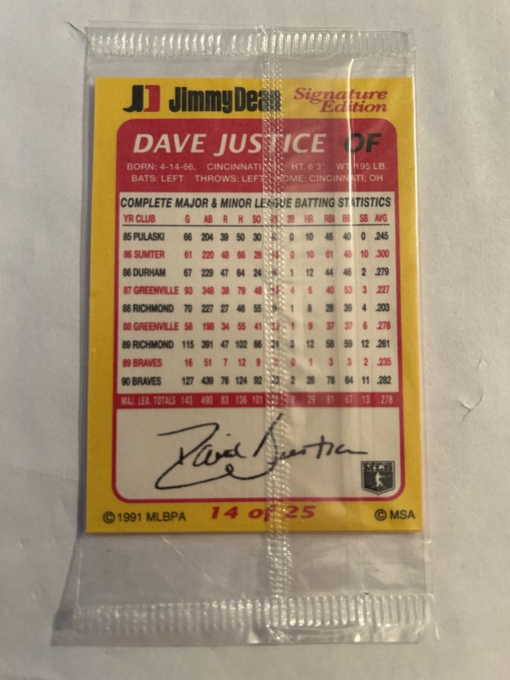 1991 Jimmy Dean Baseball Card #1-25. 3 Pack w/ Nolan Ryan & Dave ...