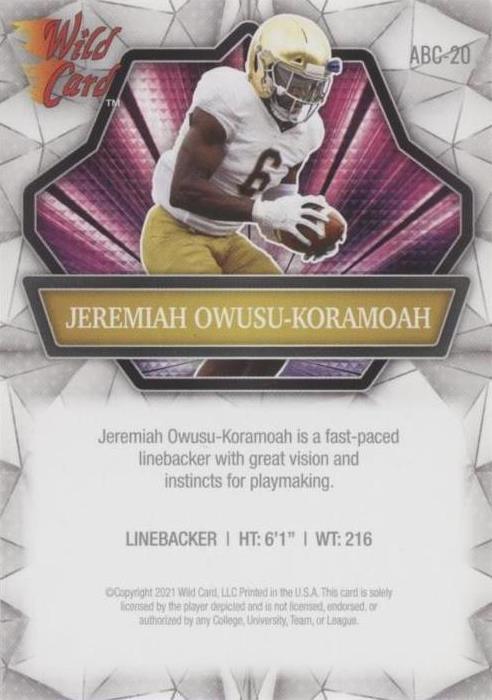 2021 Wild Card Alumination Jeremiah Owusu-Koramoah #ABC-20 for sale | eBay