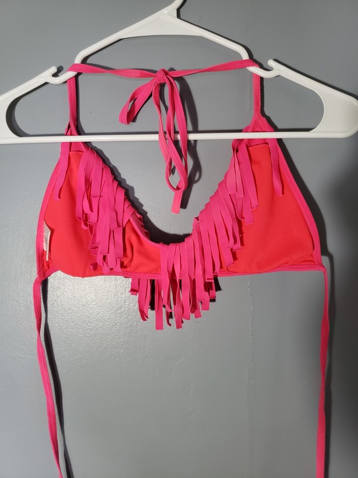 WetSeal Hot pink STring Bathing Suit Top w Tassels Sz M Nylon Spandex ...