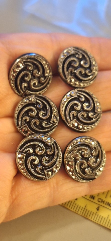 Vtg 6 Black Glass Buttons Self Shank Beaded Silvertone Foil Textured ...