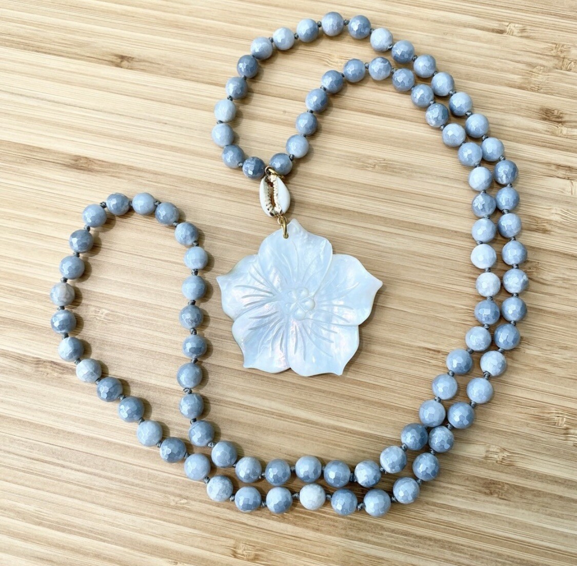 Mother Of Pearl Hibiscus Flower Long Beaded Gemstone … - Gem
