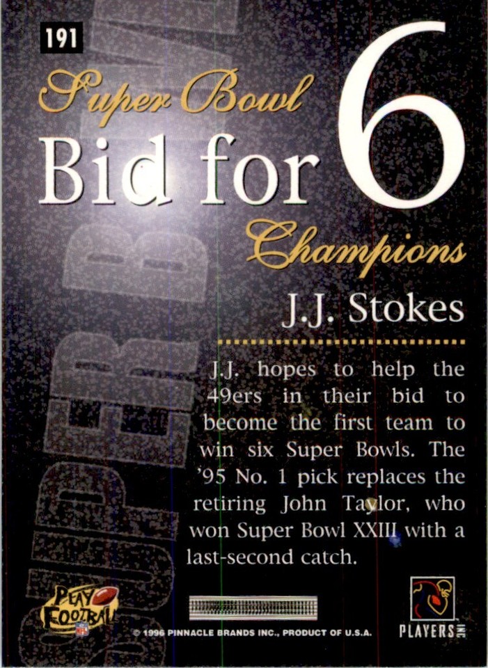 1996 Pinnacle Bid for 6 J.J. Stokes San Francisco 49ers #191 NFL | eBay