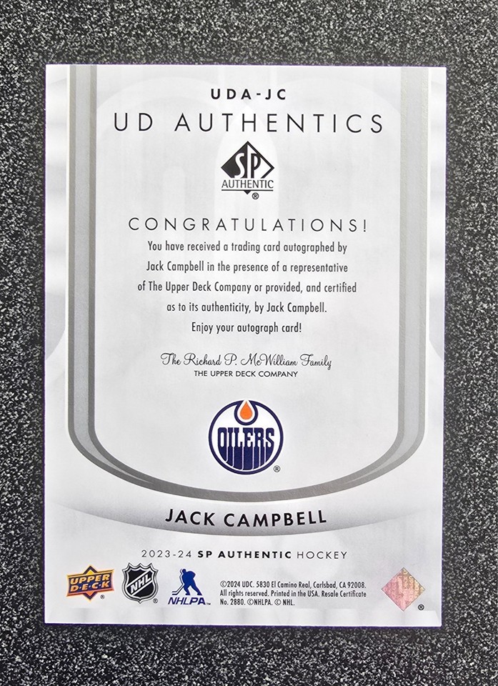 2024-25 JACK CAMPBELL SP UD AUTHENTICS AUTOGRAPHS #UDA-JC EDMONTON ...