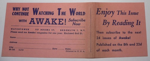 AWAKE! Magazine Subscription Form 1953 Pink Jehovah's Witnesess ...