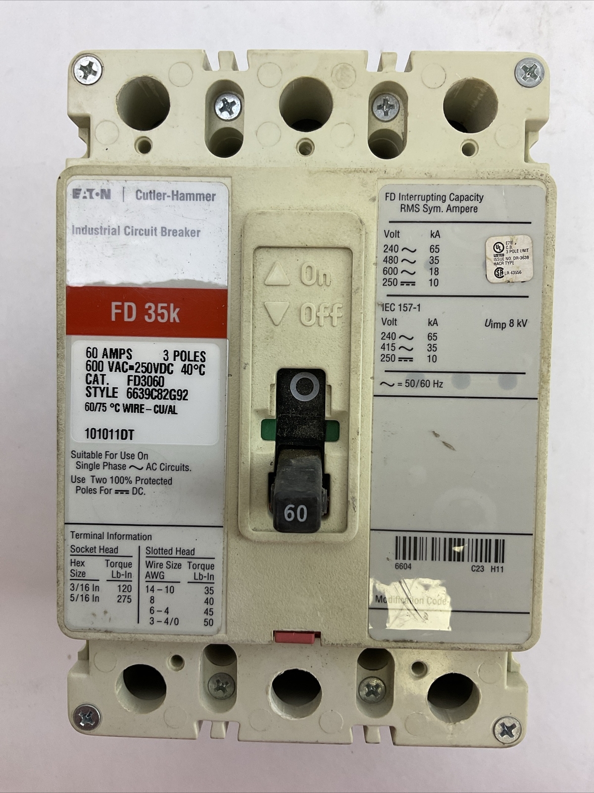 CUTLER HAMMER FD3060 600VAC 250VDC 60AMP 3POLE 6639C82G92 CIRCUIT ...