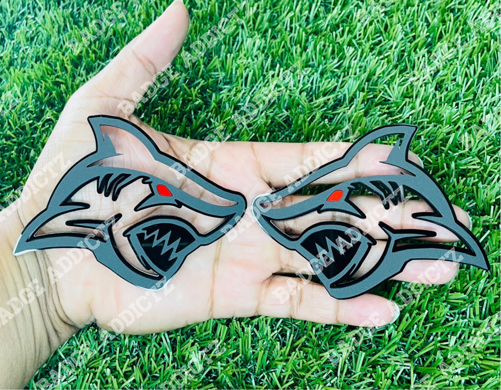 Red Eye Shark Emblem Badges Set Of 2 Matte Black On Black Badge Addictz ...