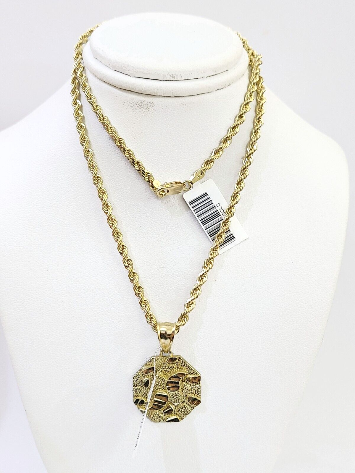 10k Gold Rope Chain & Octagonal Nugget Charm Pendent SET 3mm 22Inches ...