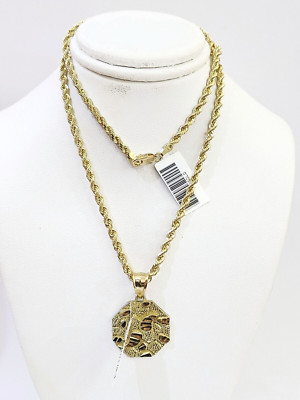 10k Gold Rope Chain & Octagonal Nugget Charm Pendent SET 3mm 22Inches ...