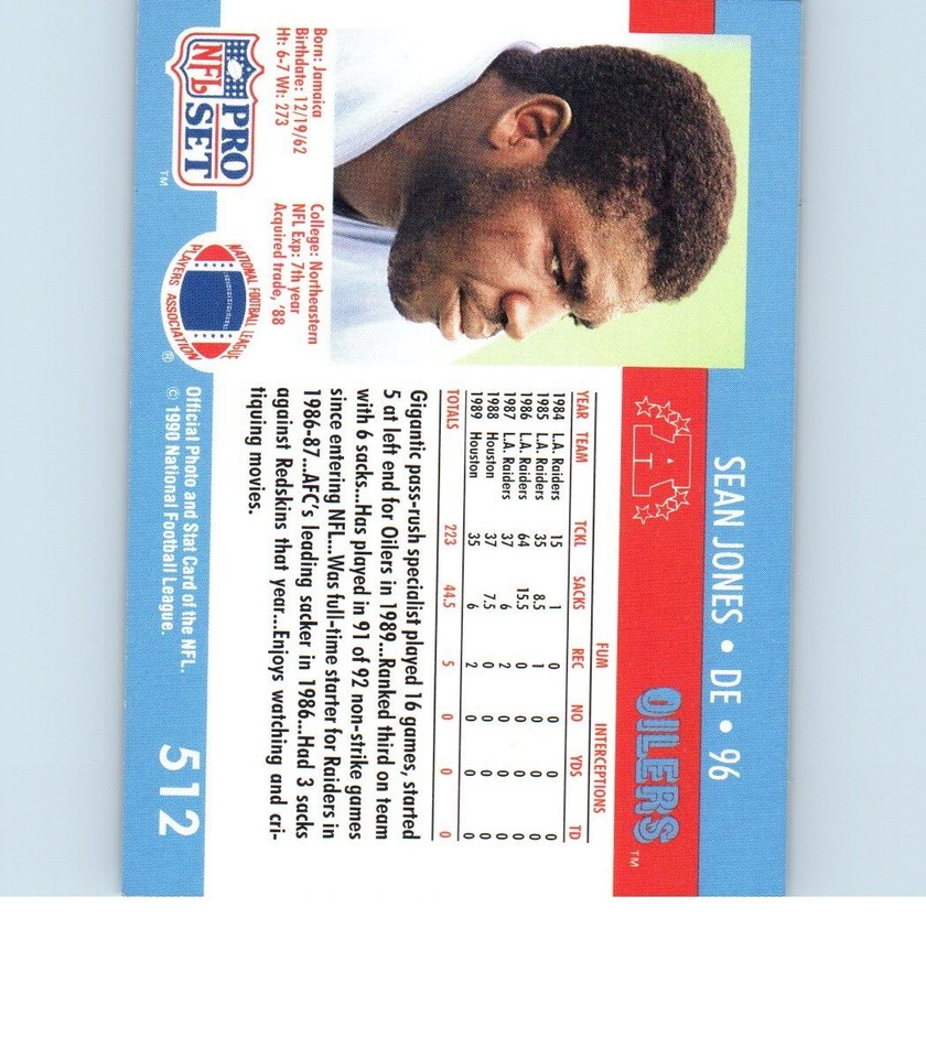 Sean Jones 512 Oilers 1990 Pro Set NFL Football Trading Card | eBay