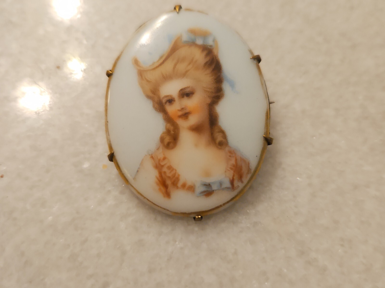 Antique Hand Painted Porcelain Portrait Brooch 2.25" - Gem