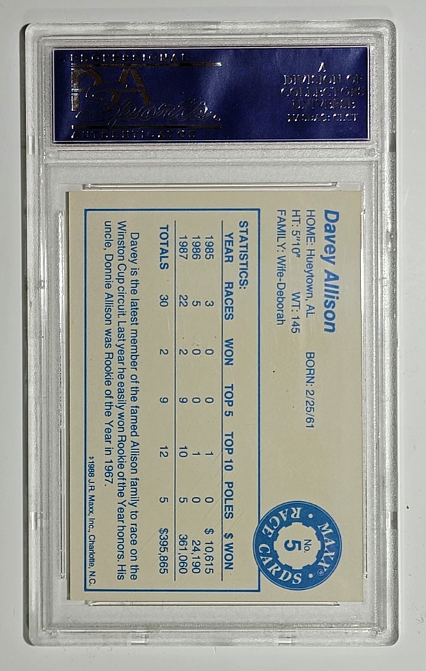 1988 Maxx #5 Davey Allison Autograph Rookie Card PSA/DNA 9/9 (1 of 6, 1 ...