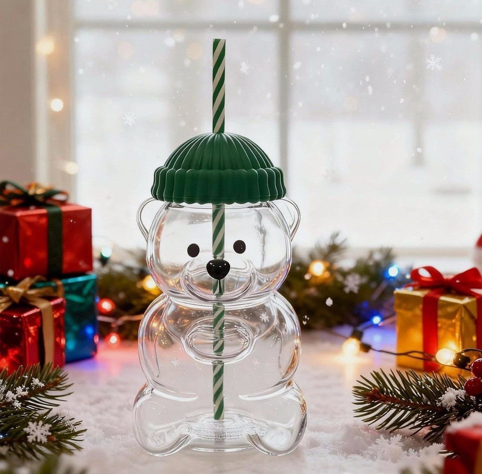 2025 Holiday New Glass Bear Cold Cup With Straw 20oz Mug Jar Coffee ...