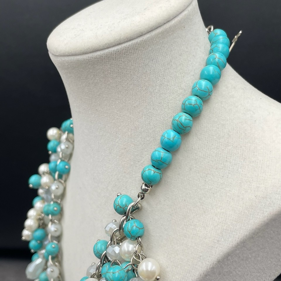 Natasha Silver-Tone Bohemian Turquoise & Pearl Cluster Beaded Statement ...
