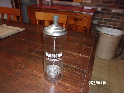 OLD VTG GLASS BARBICIDE GERMICIDE DISINFECTANT JAR BARBER KING RESEARCH ...