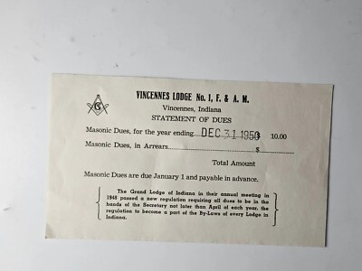 Vintage Masonic Lodge Dues Card | eBay