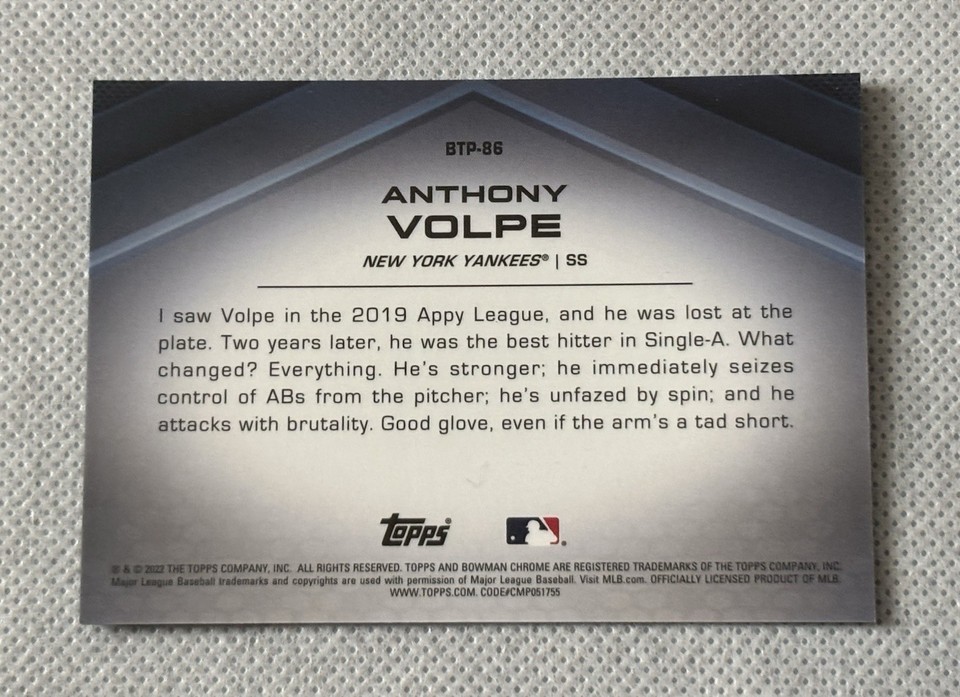 2022 Bowman Chrome Scouts Top 100 Gold Refractor #d /50 Anthony Volpe # ...
