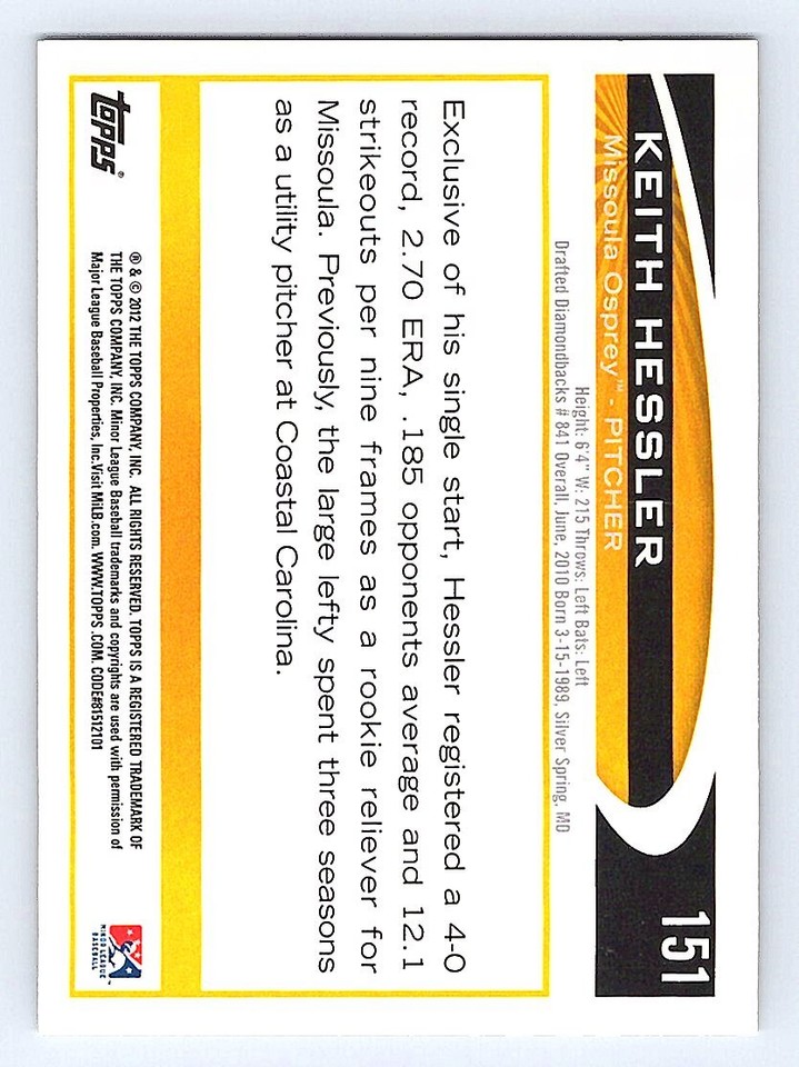 2012 Topps Pro Debut Keith Hessler #151 Missoula Osprey | eBay